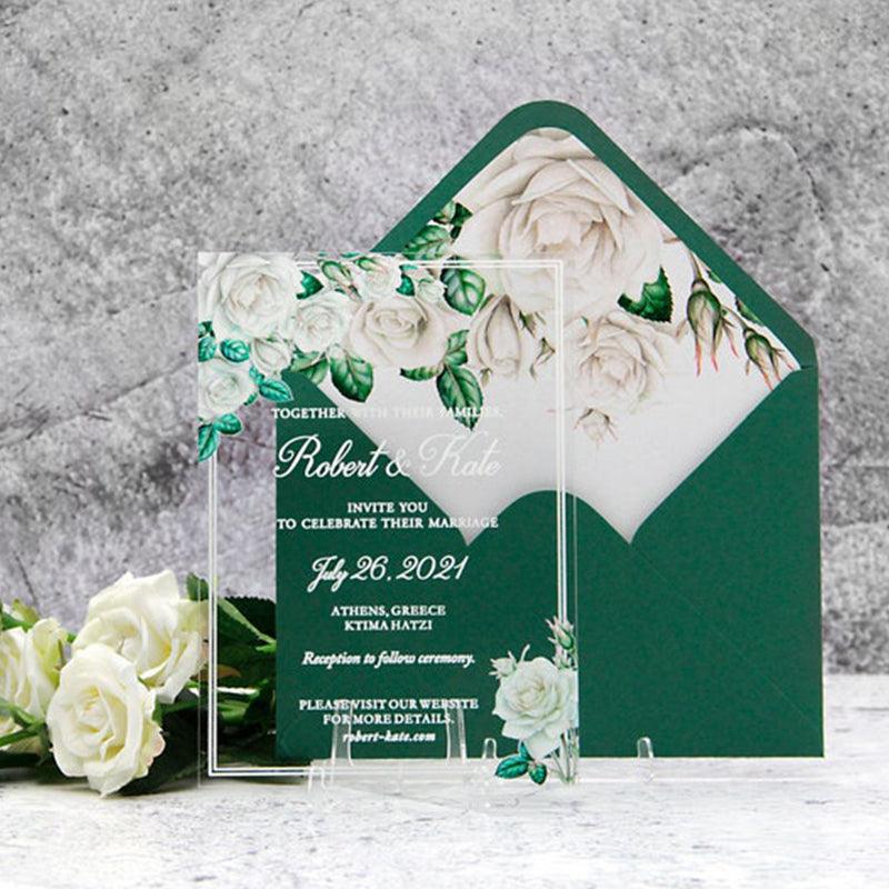 Modern Spring Clear Wedding Invitations with White Roses and Green Lea ...