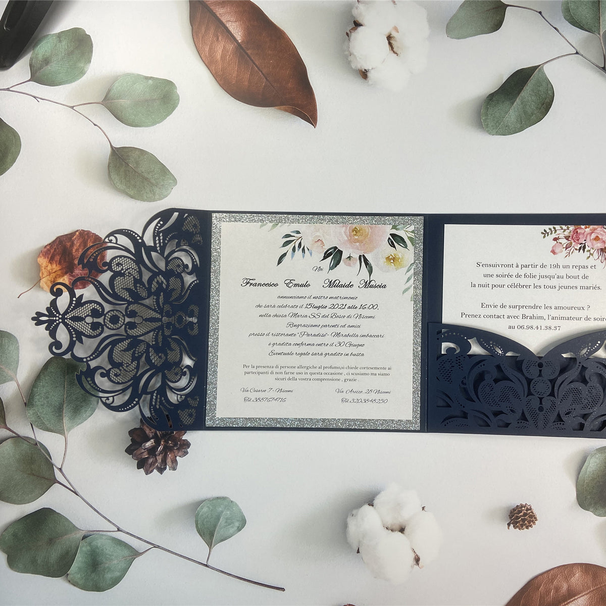 Navy Blue Laser Cut Pocket Fold with Glittery Silver foil and blush fl ...
