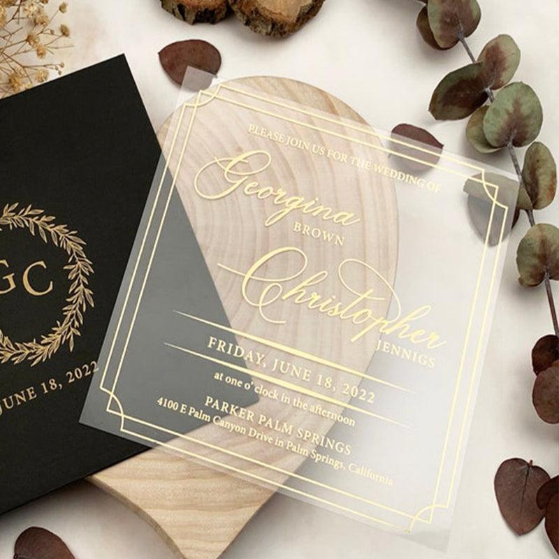 Square Clear Acrylic Invitation with gold foil A052 – Amazepaperie