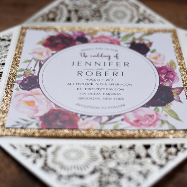 Floral Laser Cut Invitation with Gold Glitter Trim and Watercolor Desi ...