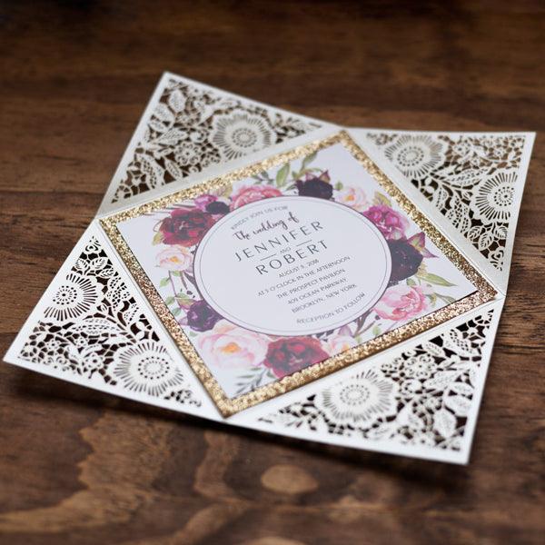 Floral Laser Cut Invitation with Gold Glitter Trim and Watercolor Desi ...