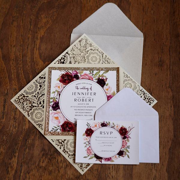 Floral Laser Cut Invitation with Gold Glitter Trim and Watercolor Desi ...