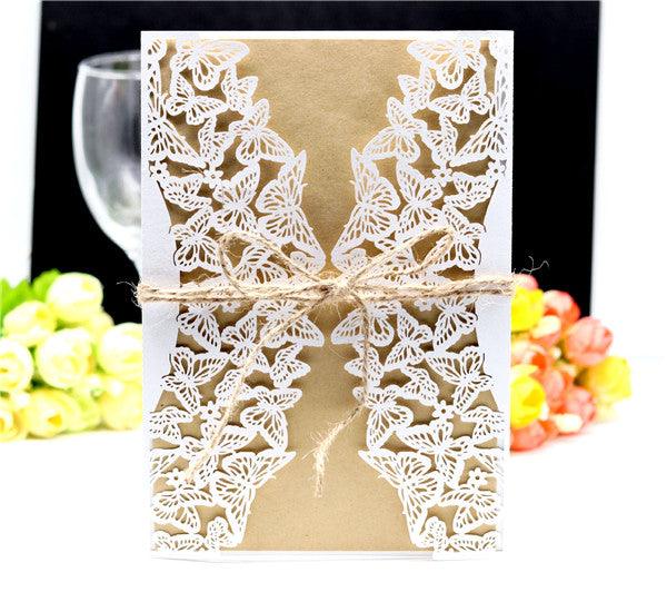 White lace butterfly laser cut wedding invitations with hemp cord LC06 ...